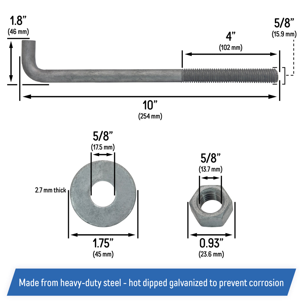 5/8" x 10-inch Galvanized Threaded Anchor Bolts for Wood, Concrete (10 ...