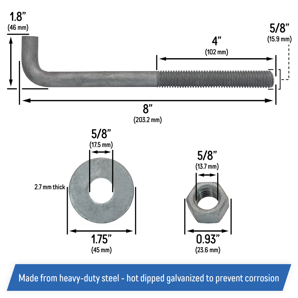 5/8" x 8-inch Galvanized Threaded Anchor Bolts for Wood, Concrete (10 ...